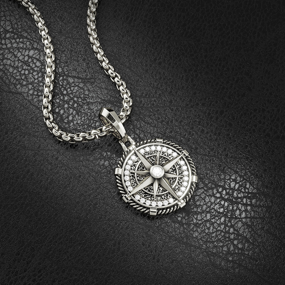 Compass Pendant with Diamonds, White Gold, Proclamation Jewelry